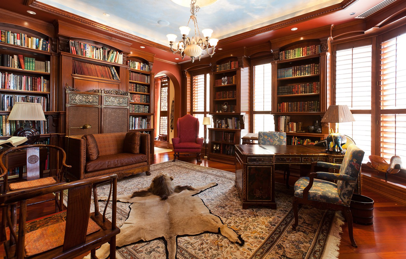 Photo Wallpaper Design, Brown, Wooden, Leather, Home, - Old Style Study ...