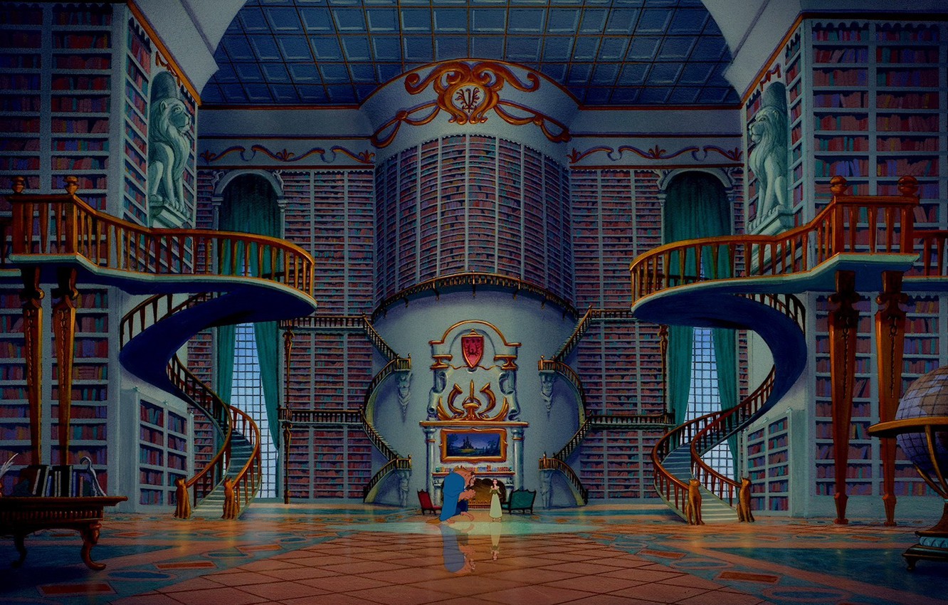 Photo Wallpaper Cartoon, Stairs, Library, Globe, Disney, - Beauty And ...