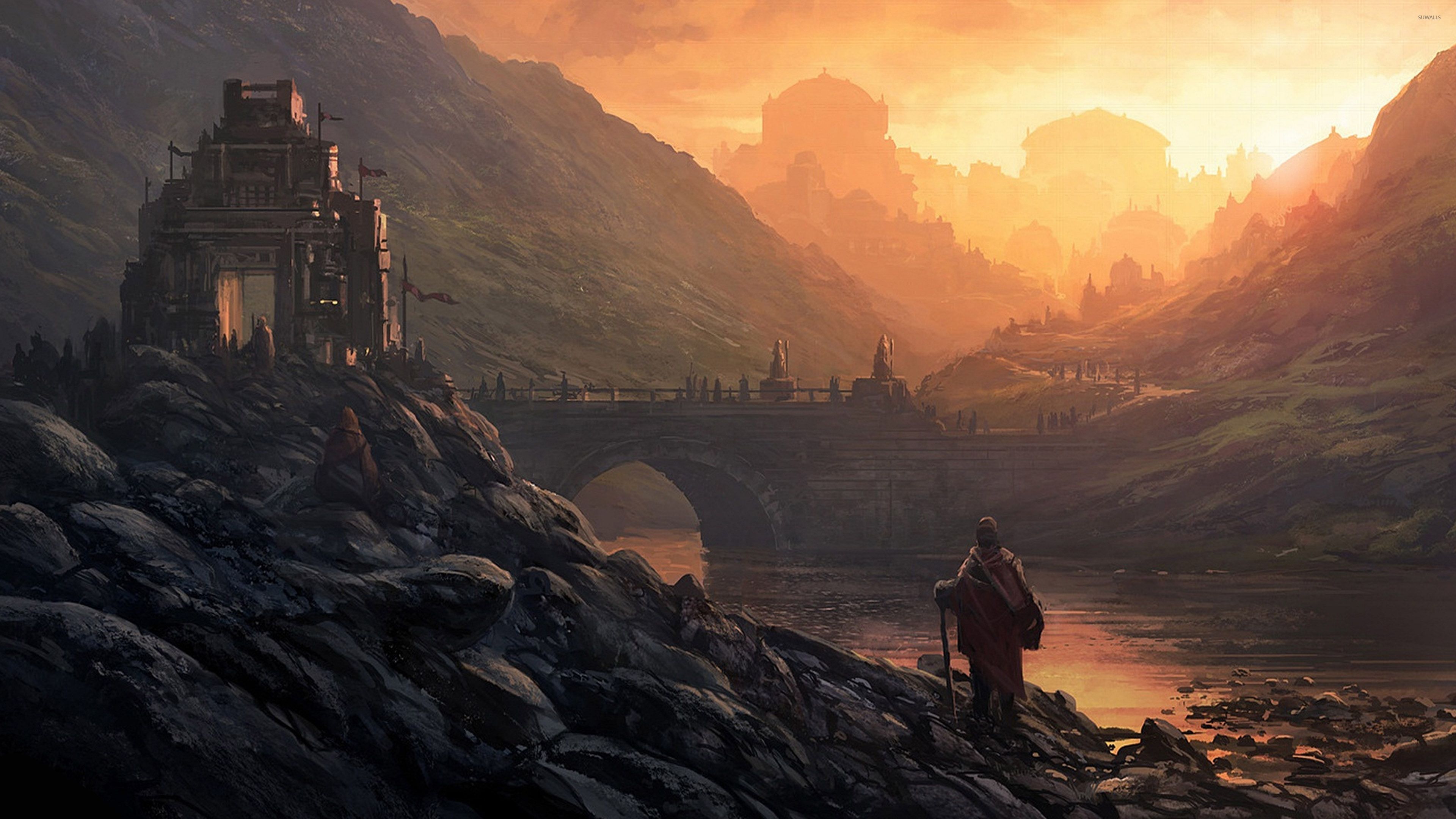 Nomad Heading To The Kingdom Wallpaper - Mountain Town Fantasy Art ...