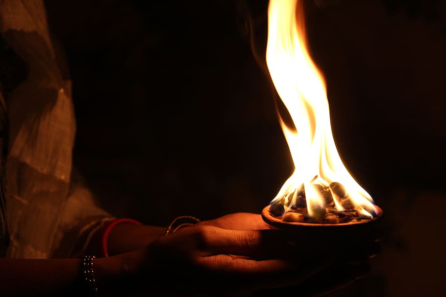 Man Holding Cup Of Charcoal Fire, Diya, Light, Flame, - Happy Diwali ...
