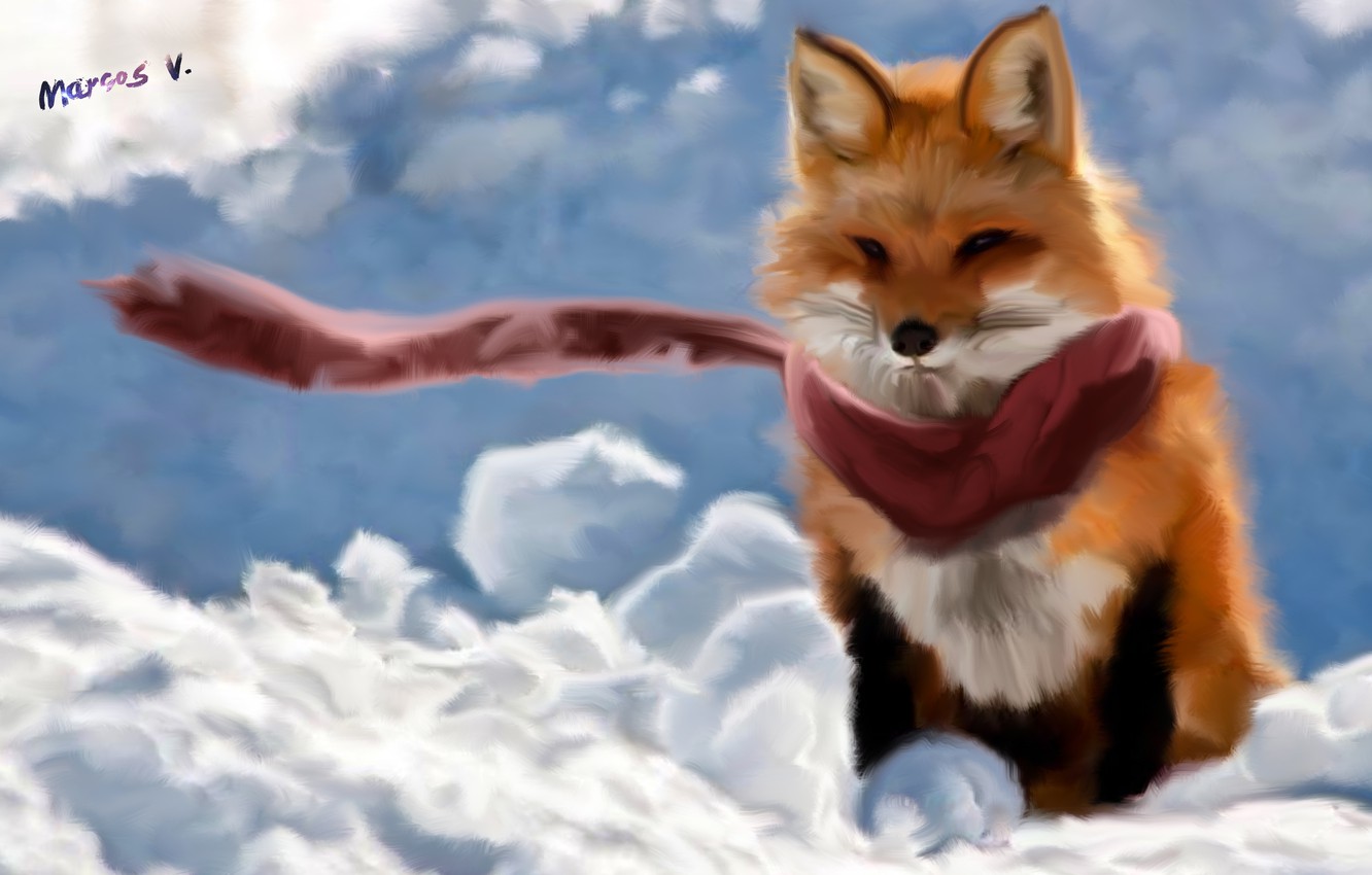 Photo Wallpaper The Wind, Scarf, Art, Fox, Fox - Fox With Red Scarf ...