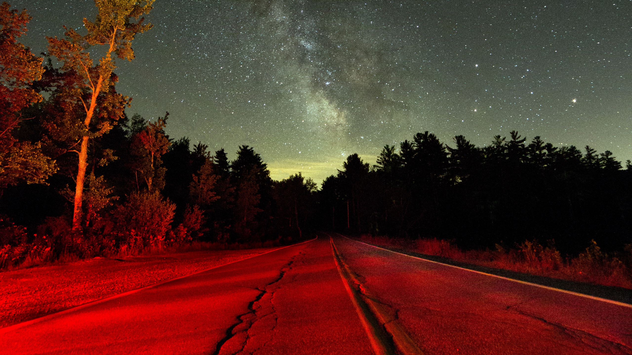 Wallpaper Of Starry Sky, Night, Road, Light, Trees - Red Road Starry ...