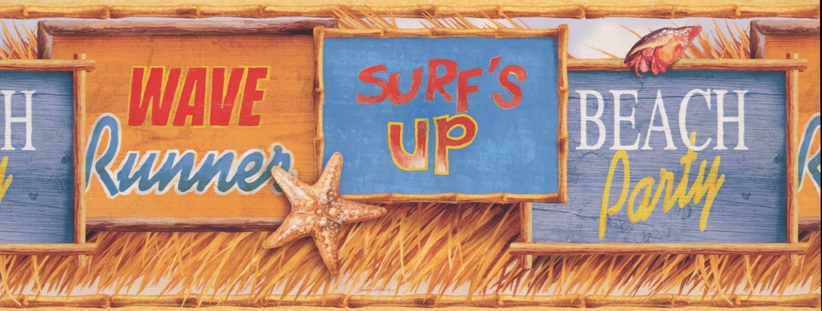 Colorful Beach Signs With Bamboo Edge Wallpaper Border - 1200x455 ...
