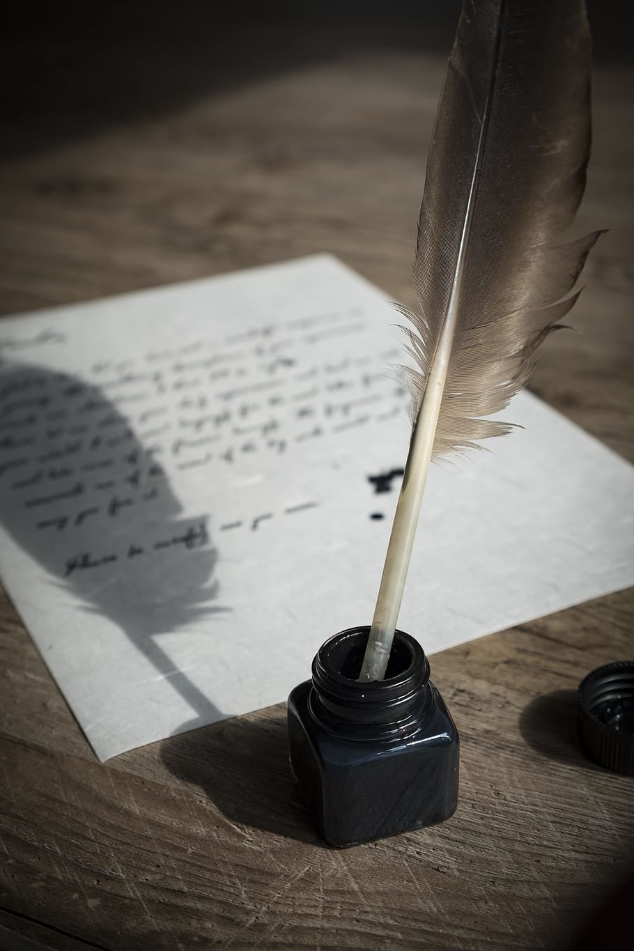 Black Quil Pen On Ink Case Beside Paper, Bird Feather, - Siempre Tuyo ...