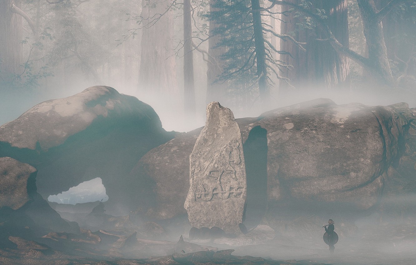 Photo Wallpaper Forest, Stones, Sign, Warrior, Pagan - Mist - 1332x850 ...
