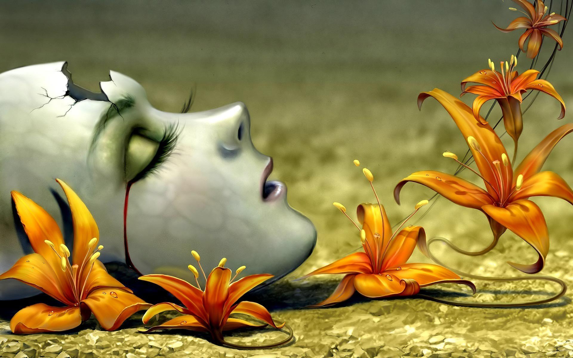 147799 Digital Art Drawing Face Closed Eyes Open Mouth - Flowers Crying ...