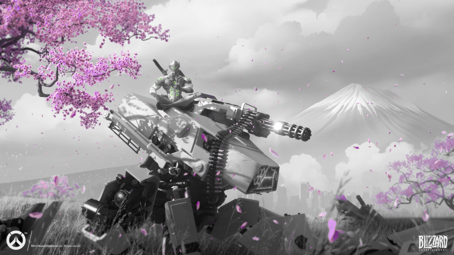 Overwatch, Genji, Sakura Leaves, Robot, Sitting - 1920x1080 Wallpaper ...