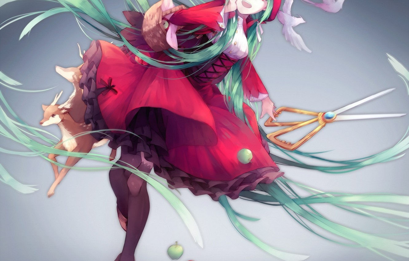 Photo Wallpaper Girl, Birds, Animals, Little Red Riding - Anime Red ...