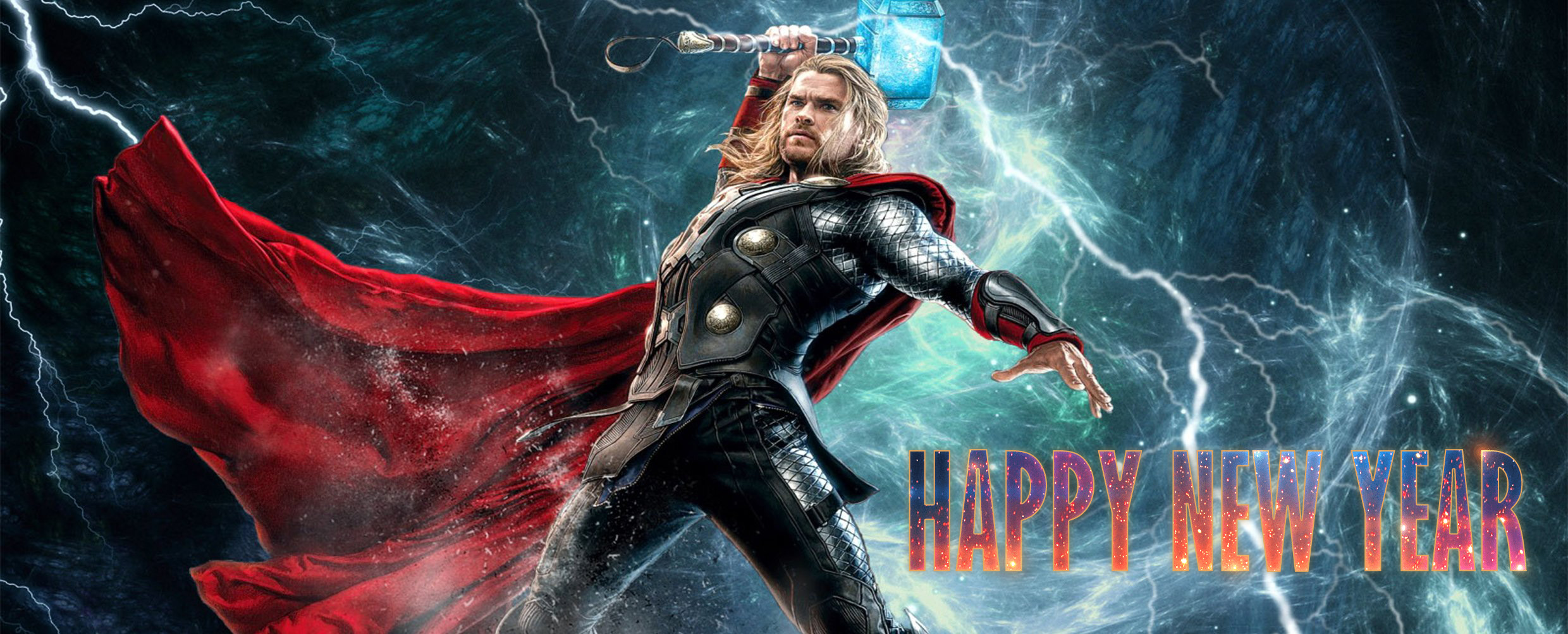 Happy New Year Wishes Super Hero Thor Kids Hd Wallpaper - 2480x1004 ...