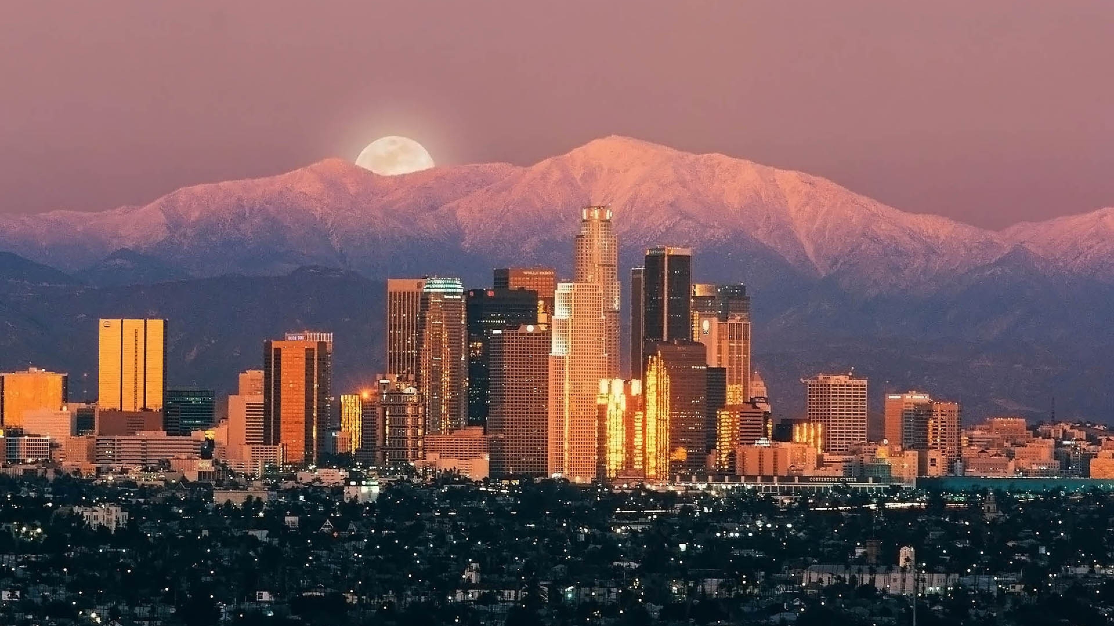 Wallpaper Los Angeles, Skyscrapers, Sunrise, Mountains, - Los Angeles ...