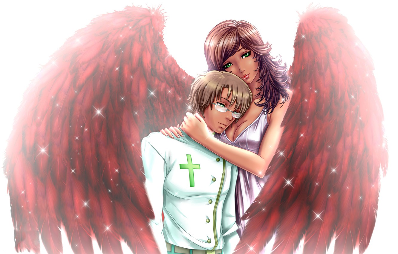 Photo Wallpaper Girl, Wings, Angel, Hugs, Guy - Girl Hugging Angel ...