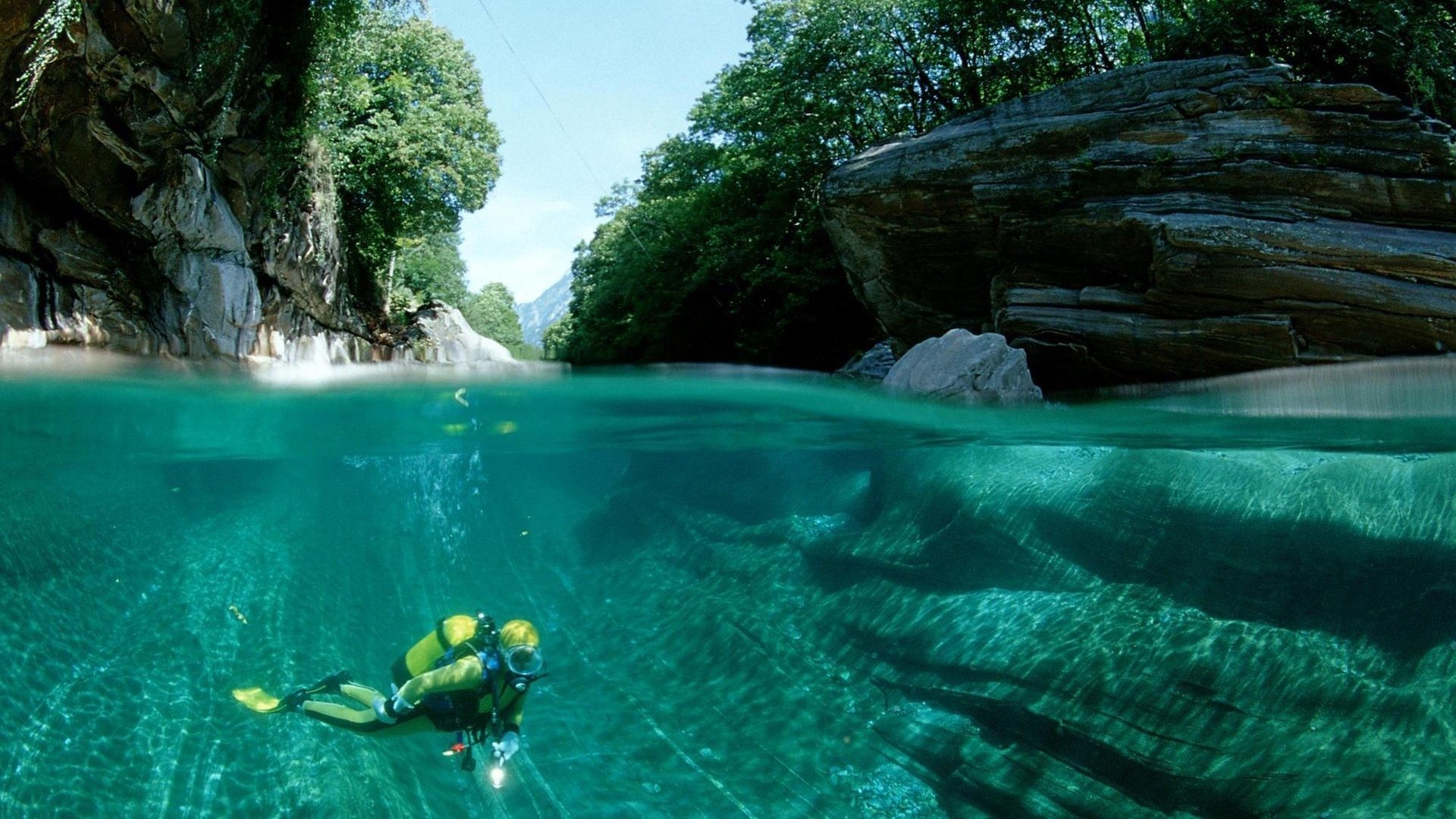 Scuba Diving Water Trees Rocks Nature River Wallpaper - Desktop Scuba ...
