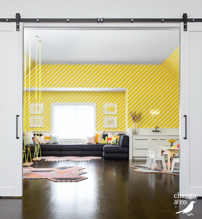 Yellow Playroom With Black Sectional - Modern Barn Playroom - 683x740 ...