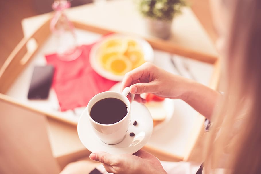 Woman With Morning Coffee & Breakfast, Cafe, Colorful, - Breakfast In ...