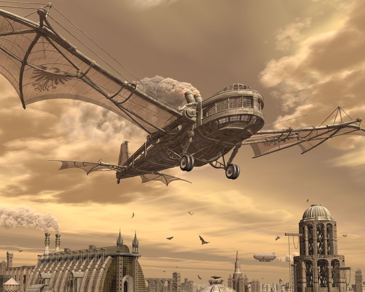 Steampunk, City, Wings, Sky, Clouds, Airship - Steampunk Flying Plane ...