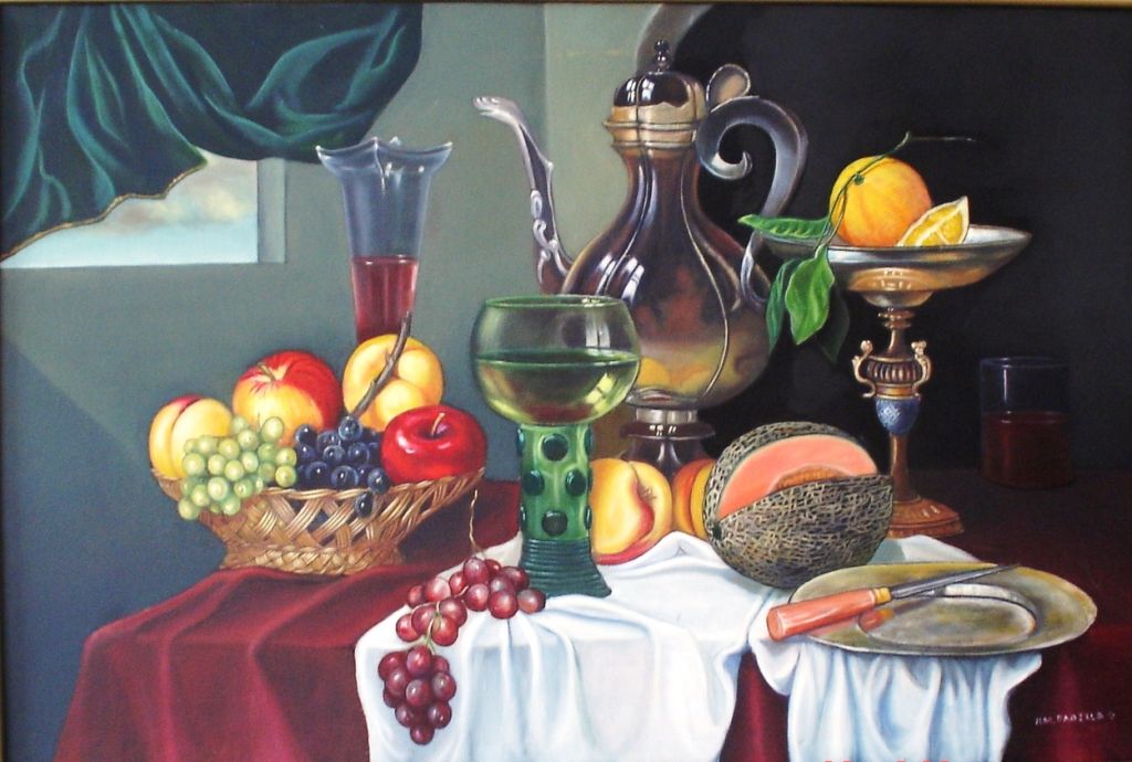 Bodegon Con Canasta De Frutas Y Melon Oil Canvas Still - Bodegon De ...