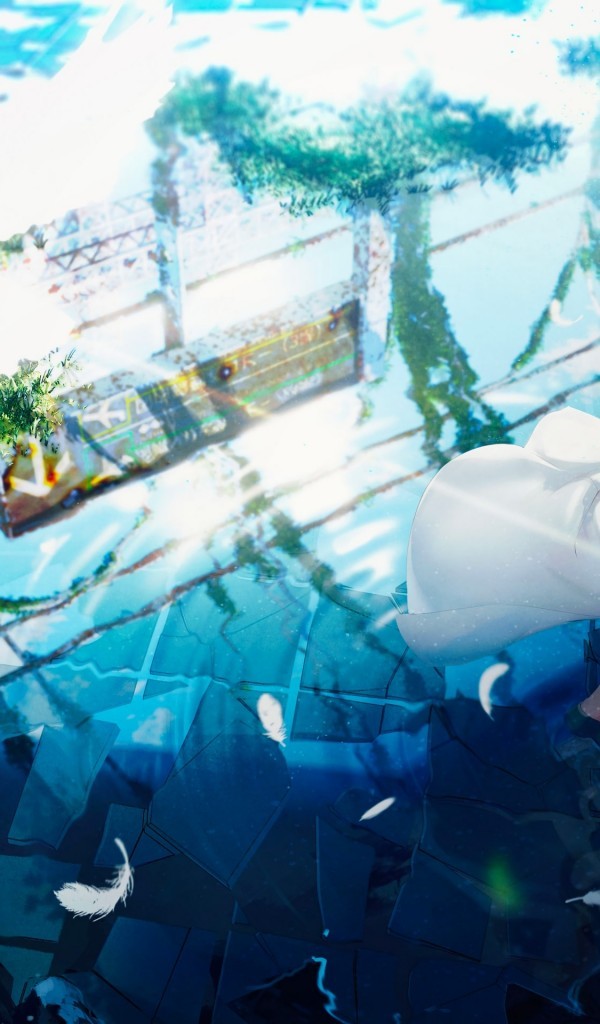 Anime Girl, Feathers, Water, Reflection, Tree - 600x1024 Wallpaper ...