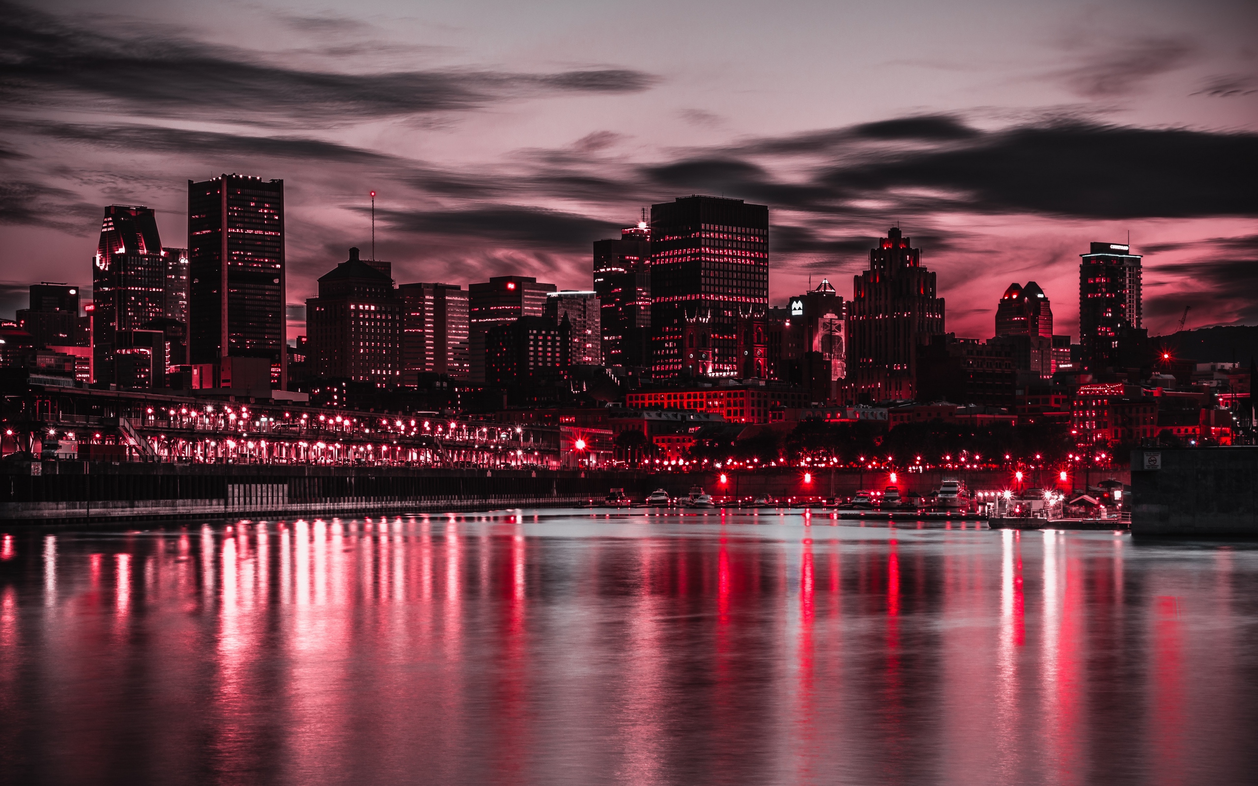 Wallpaper Night City, City Lights, Buildings, Shore, - Red City Lights ...