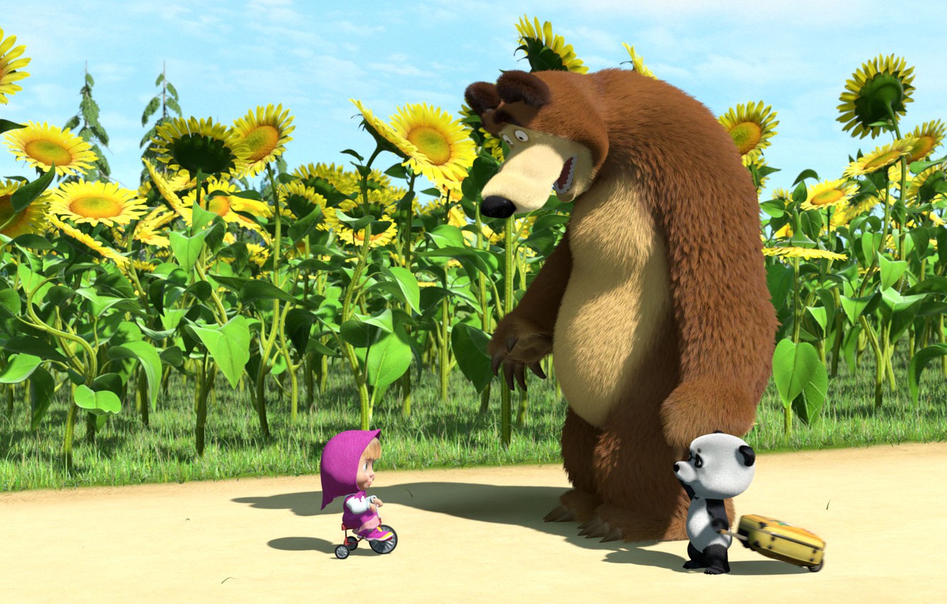 Photo Wallpaper Sunflowers, Bike, Bear, Panda, Masha, - Masha And The Bear - 1332x850 Wallpaper ...
