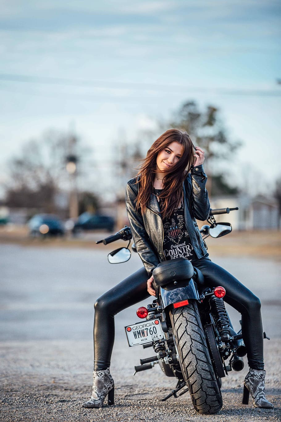 Woman Sitting On Black Motorcycle, Bike, Backwards, - 910x1365 ...