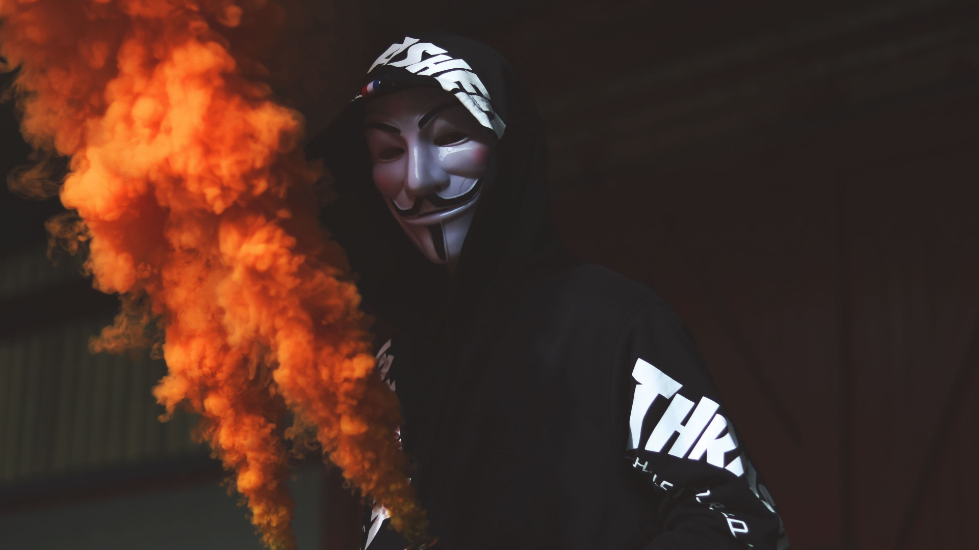 Anonymous Mask And Orange Smoke Wallpaper - Anonymous Mask With Fire ...