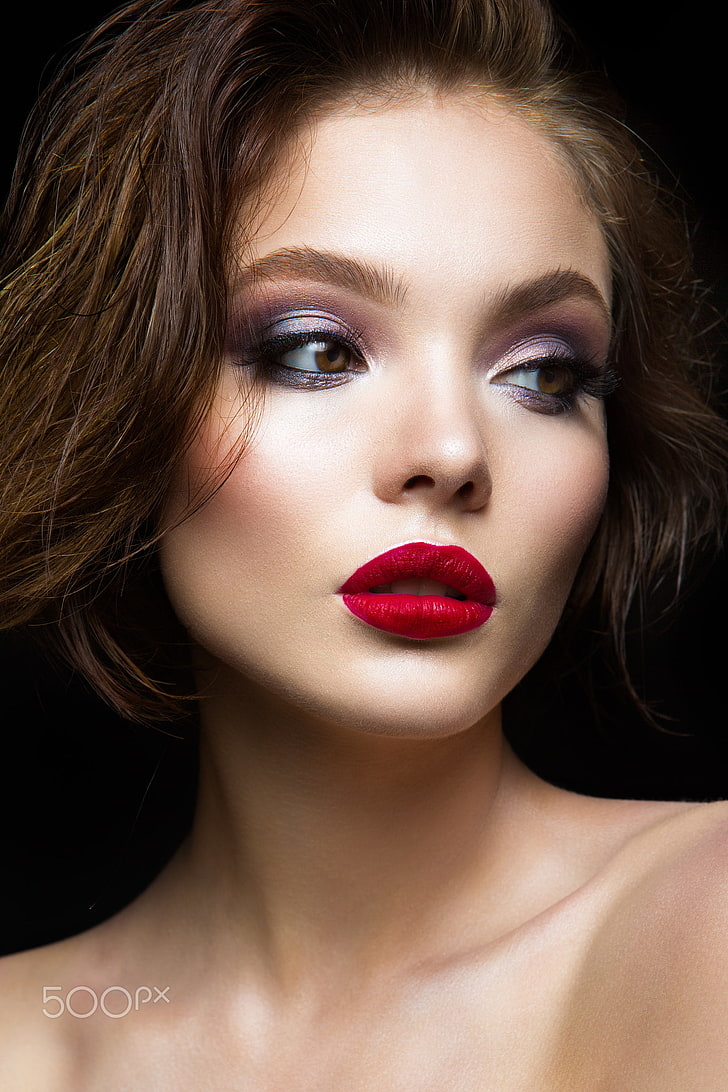 Makeup Red Lipstick Women Face Model Portrait Beautiful Woman
